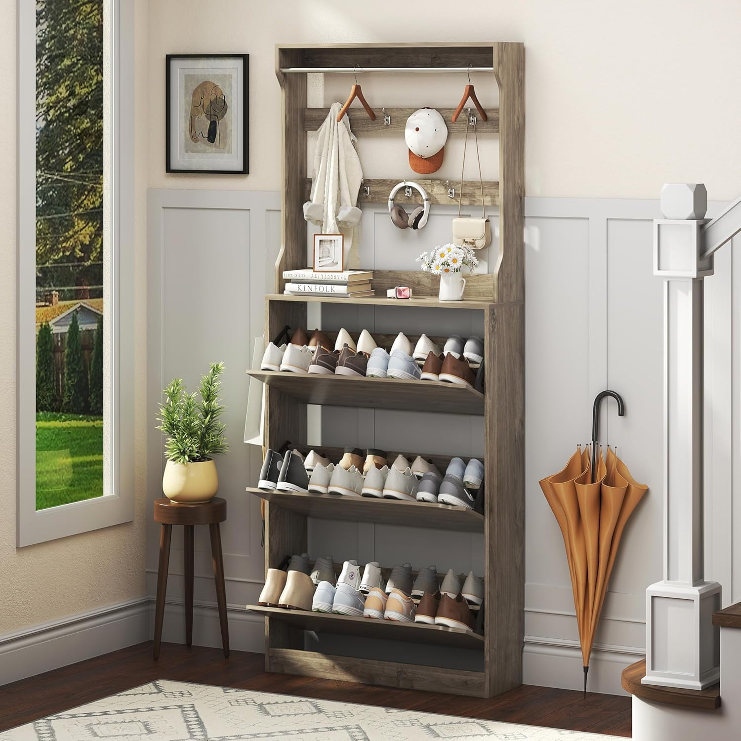Shoe Cabinet for Entryway with 3 Flip Drawers, Grey Tall Wood Shoe ...