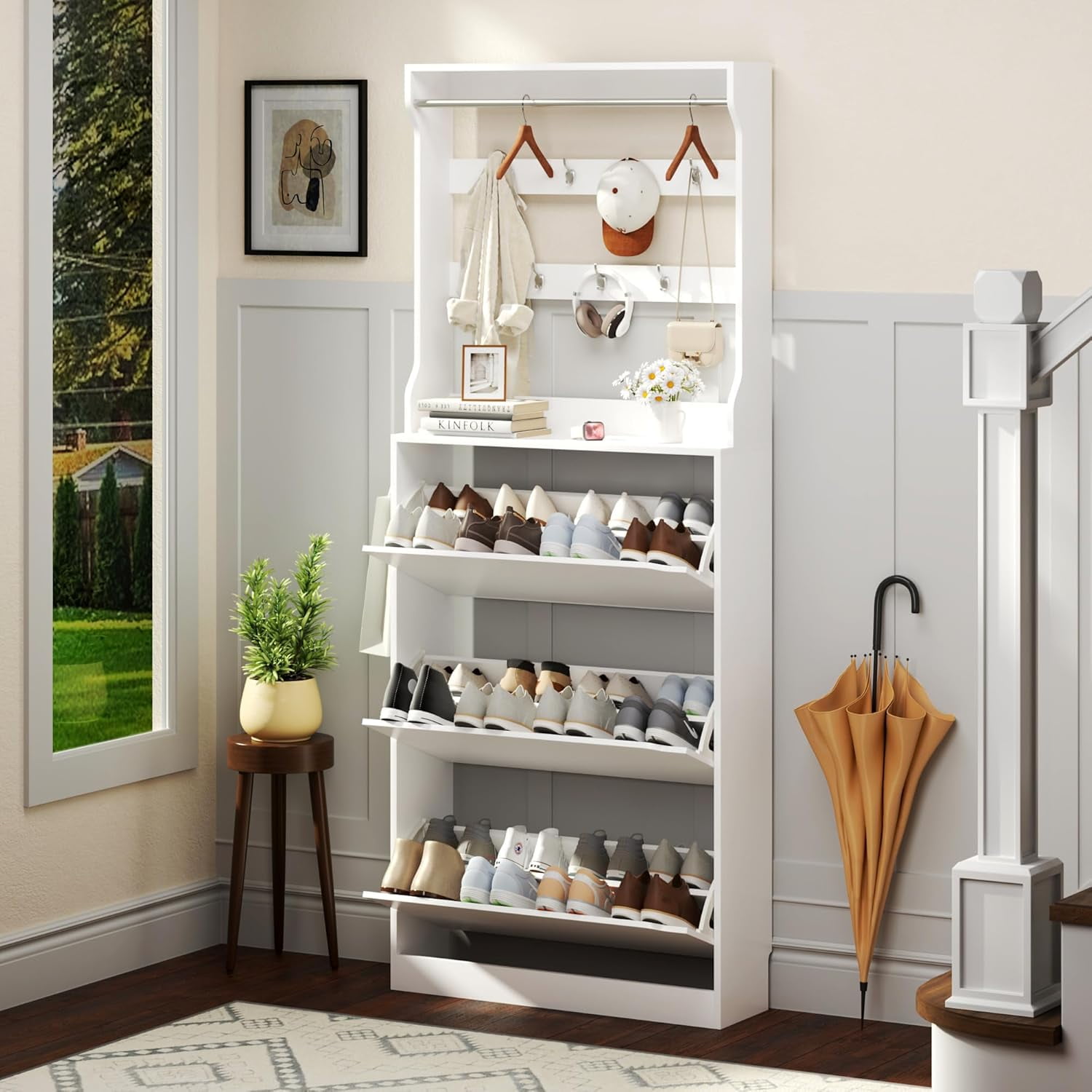 Shoe Cabinet for Entryway with 3 Flip Drawers, White Tall Wood Shoe ...