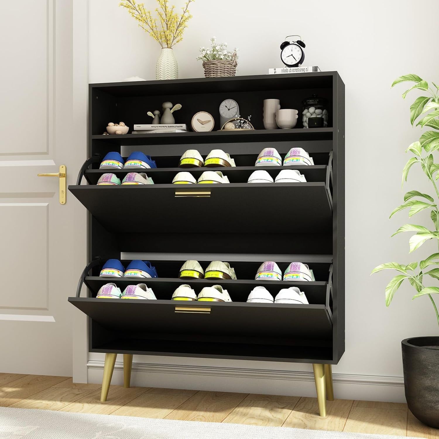 Shoe Cabinet for Entryway, Black Shoe Storage Cabinet with 2 Flip Doors ...