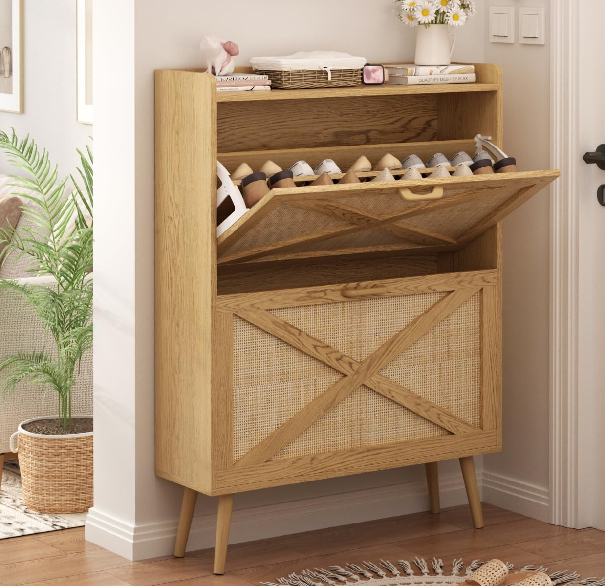 Shoe Cabinet for Entryway with Rattan Flip Drawers, Freestanding Wooden ...