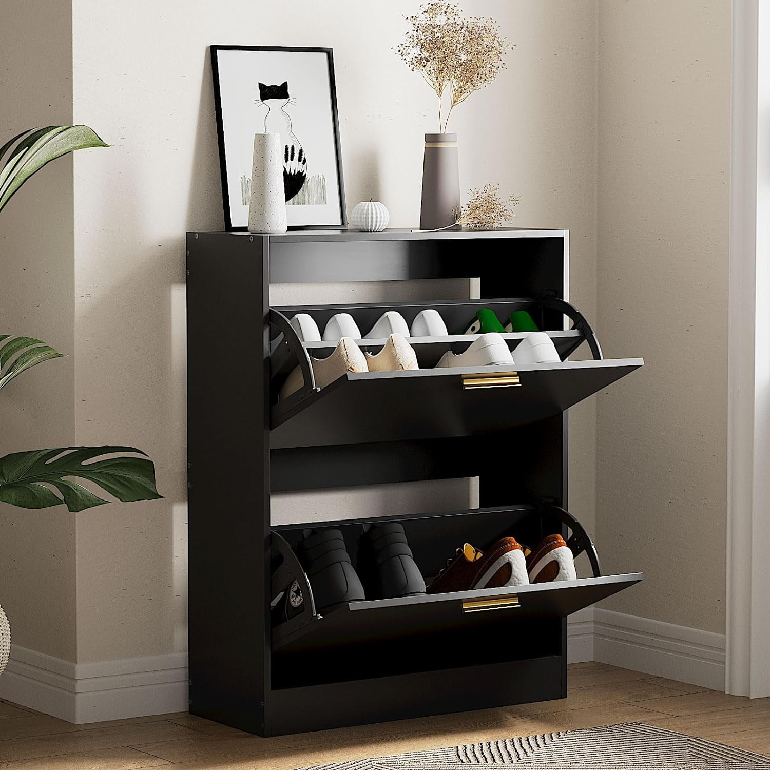 Shoe Cabinet for Entryway Slim, Black Narrow Hidden Shoe Storage ...