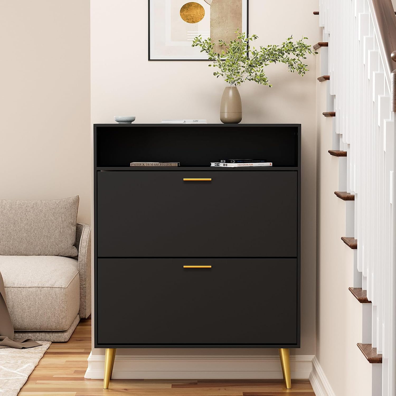 Shoe Cabinet for Entryway Slim, Black Shoe Storage Cabinet with 2 Flip ...