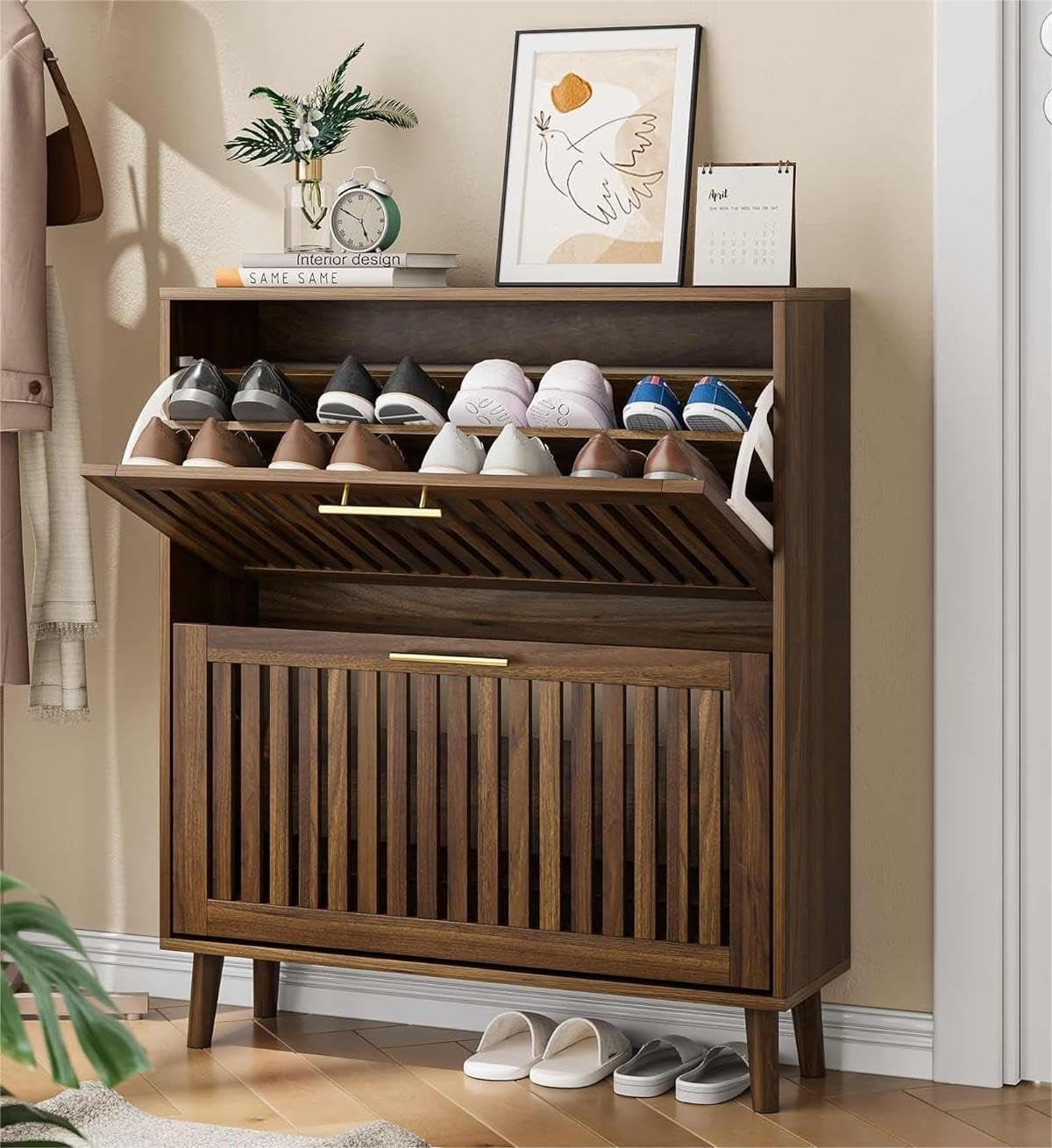 Shoe Cabinet for Entryway, Slim Wooden Shoe Storage Cabinet with 2 Flip ...