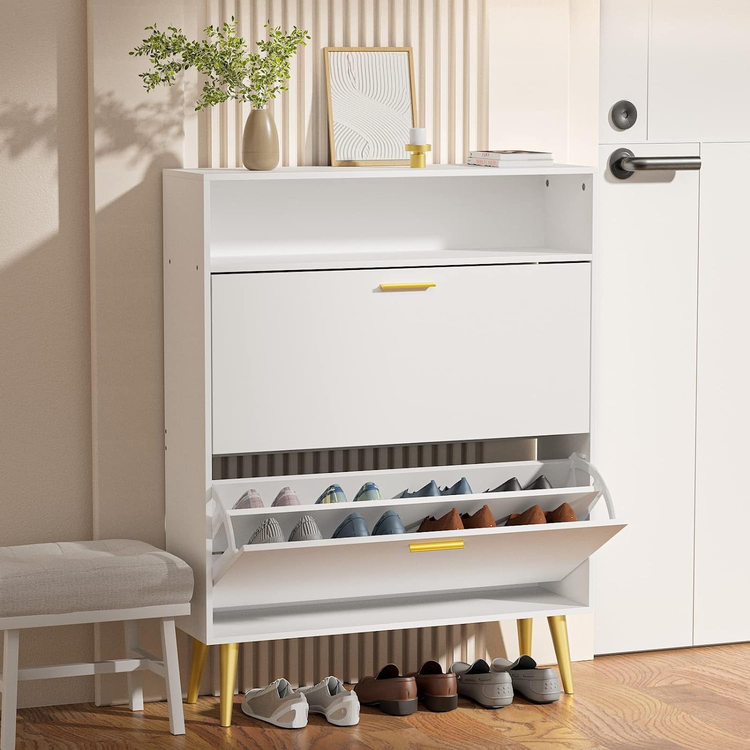 Shoe Cabinet for Entryway, White Narrow Shoe Storage Cabinet with 2 ...