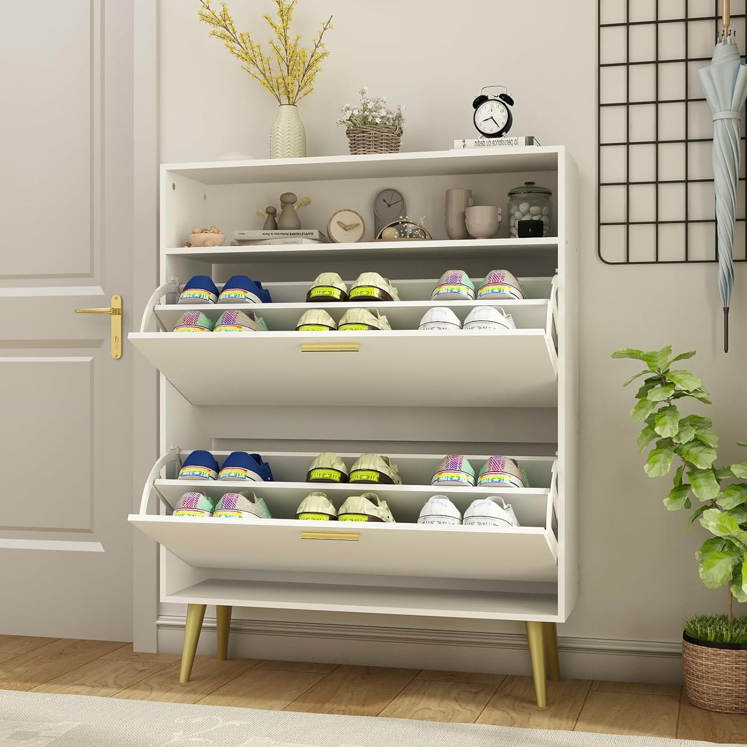 Shoe Cabinet for Entryway, White Shoe Storage Cabinet with 2 Flip Doors ...