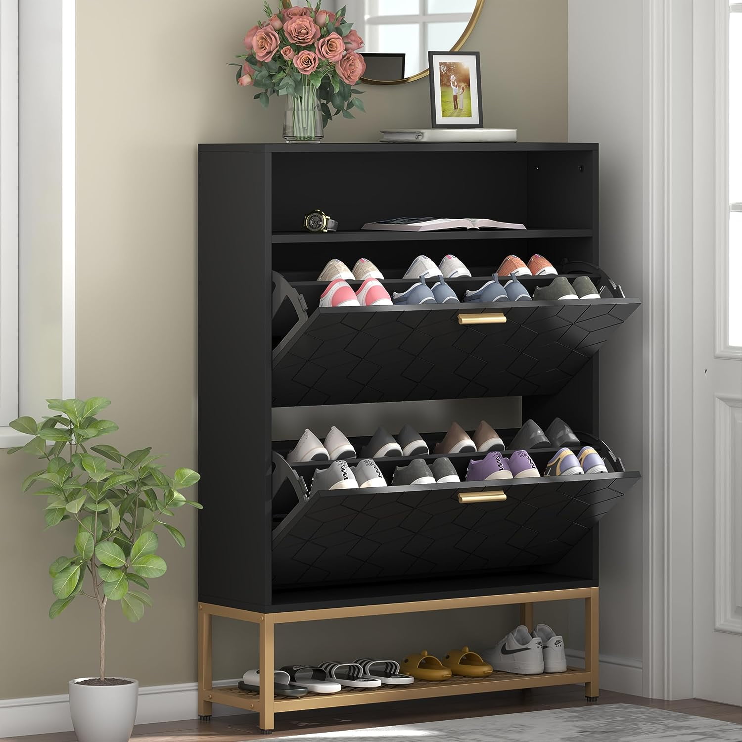 Shoe Cabinet, Free Standing Tipping Bucket Shoe Rack Organizer with 2 ...