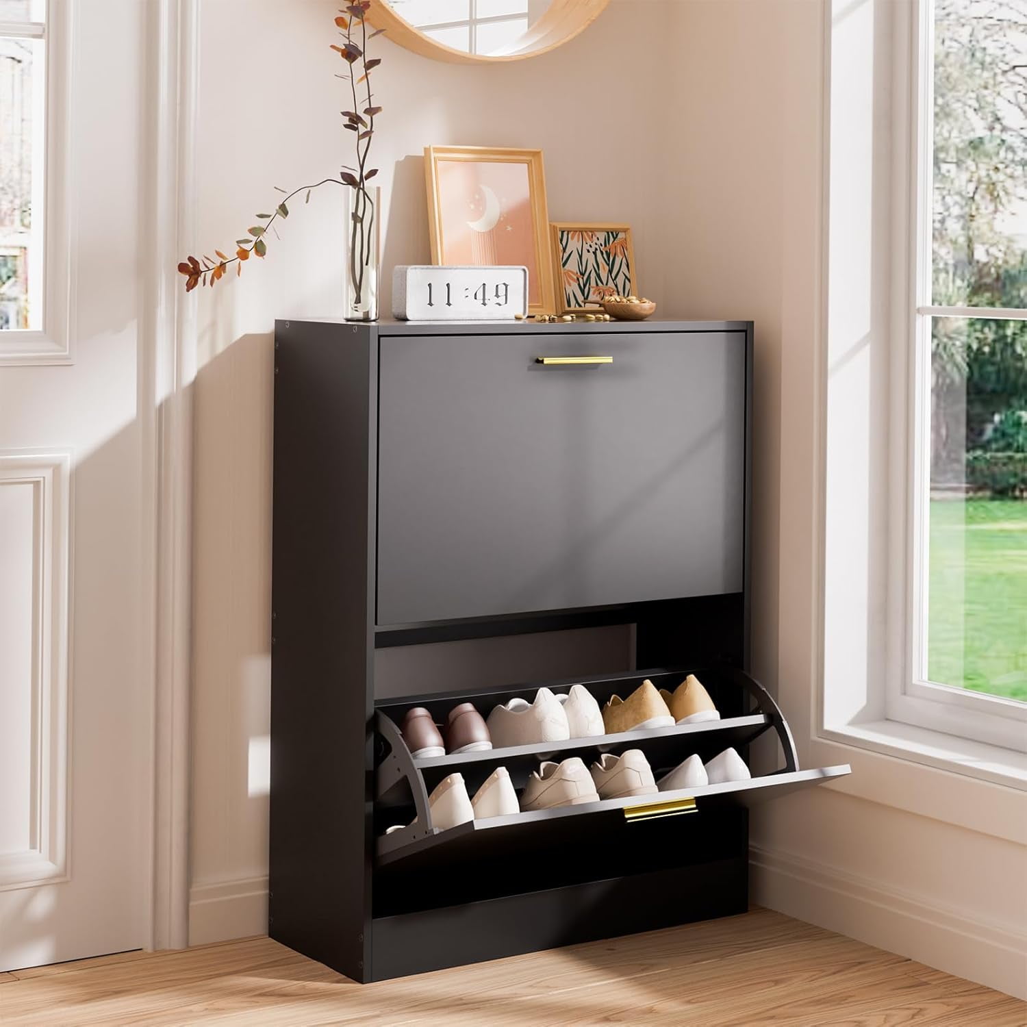 Shoe Cabinet Free Standing Tipping Bucket Shoe Organizer with 2 Flip ...