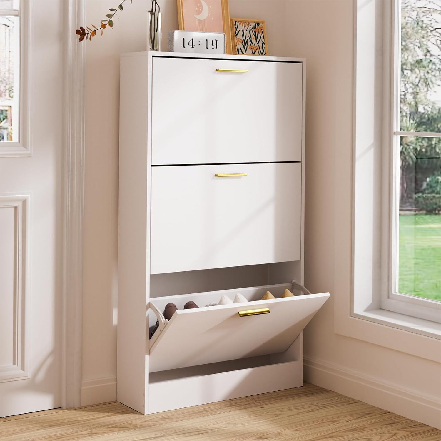 Shoe Cabinet Free Standing Tipping Bucket Shoe Organizer with 2 Flip ...