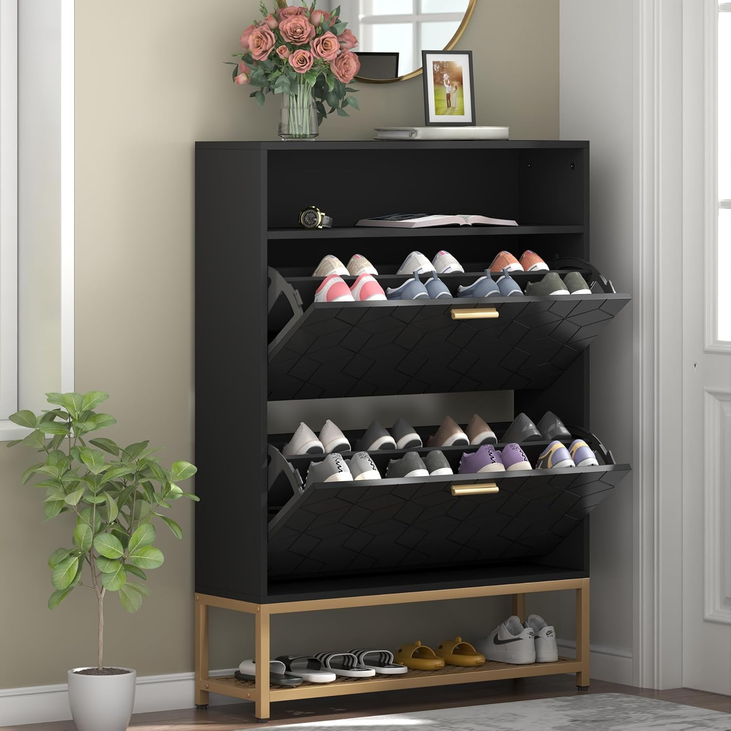 Shoe Cabinet, Free Standing Tipping Bucket Shoe Rack Organizer with 2 ...