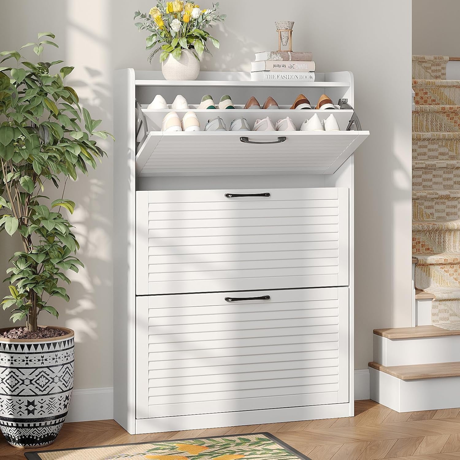 Shoe Cabinet, Freestanding Organizer with 3 Flap Shutters, Narrow Shoe ...