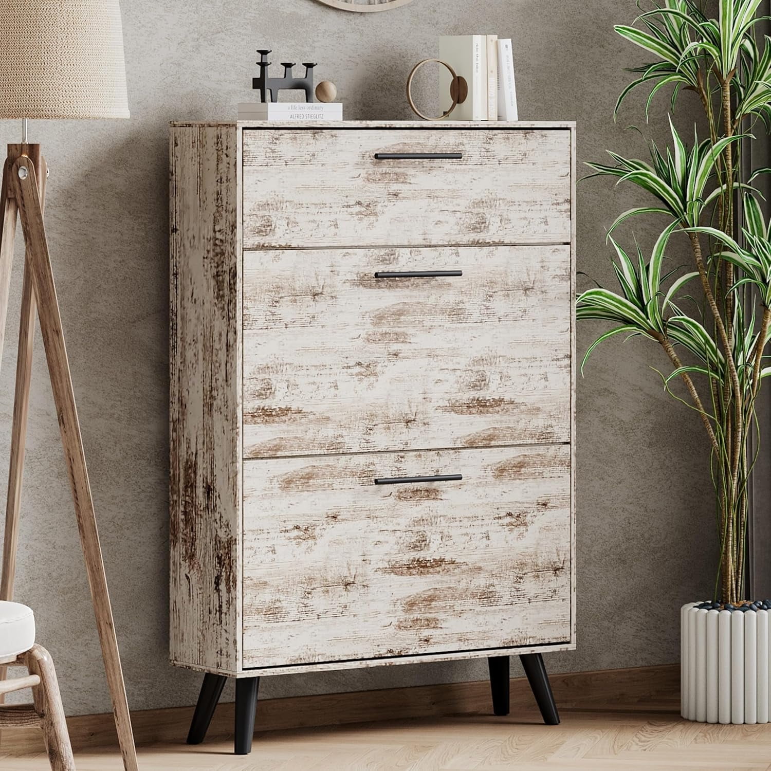 Shoe Cabinet Freestanding Slim Shoe Cabinet with 2 Flip Drawers & Wood ...