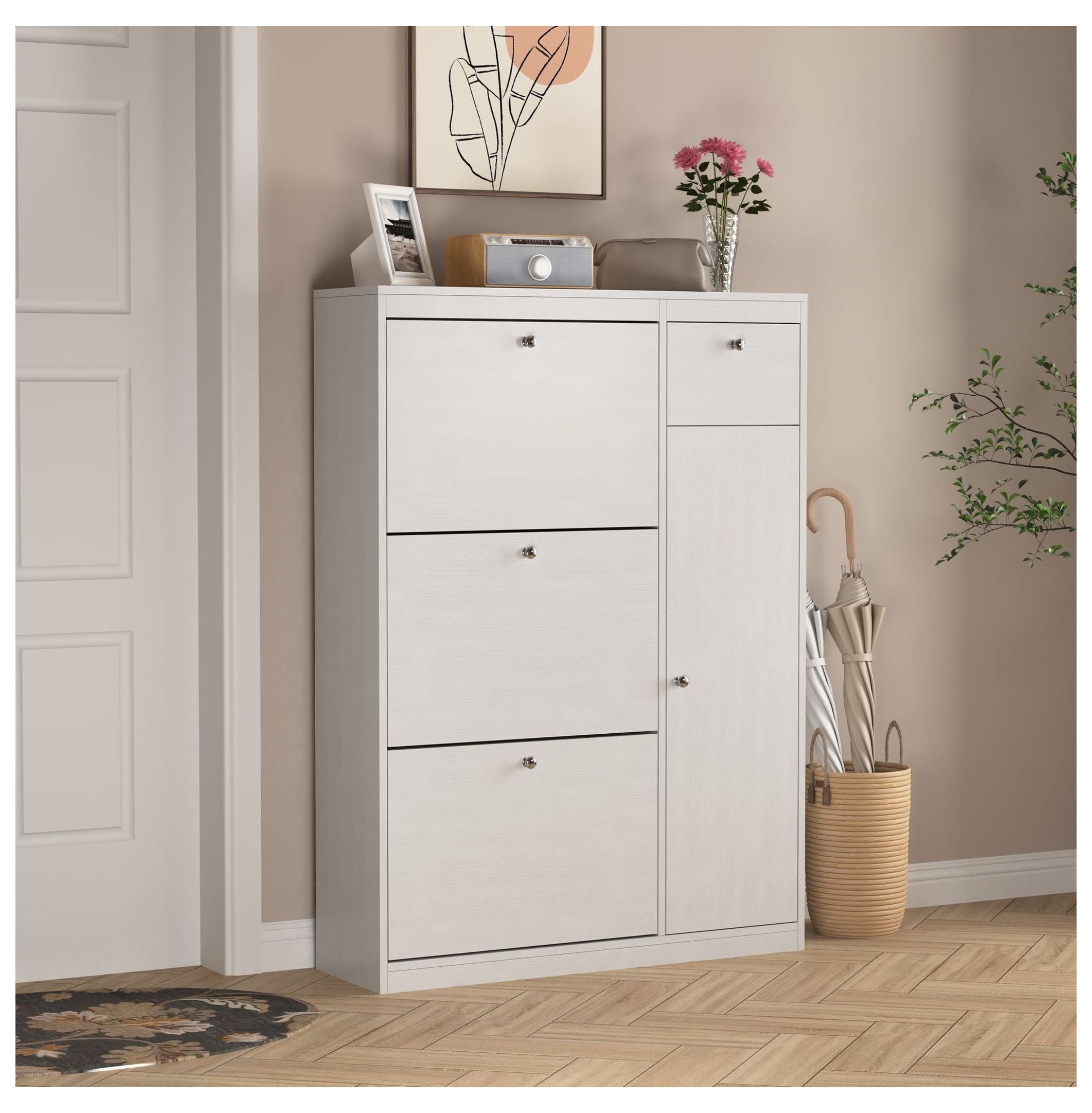 Shoe Cabinet,Freestanding Tipping Bucket Shoe Rack Organizer with 3 ...