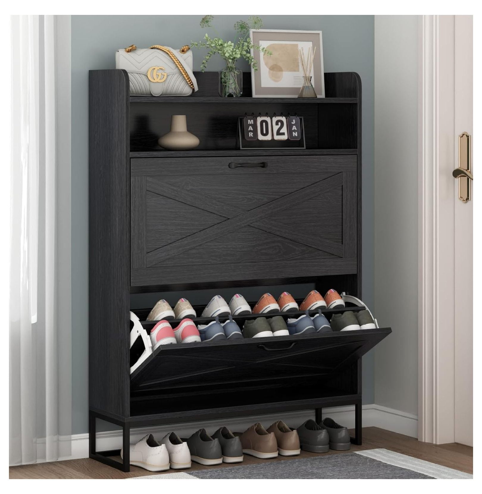 Shoe Cabinet, Freestanding Tipping Bucket Shoe Storage Cabinet with 2 ...