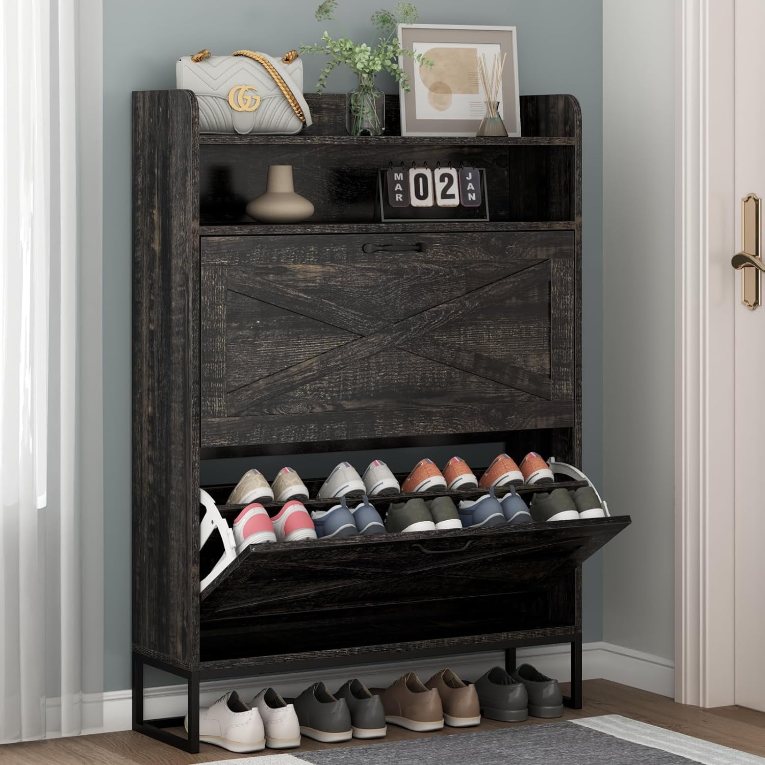 Shoe Cabinet, Freestanding Tipping Bucket Shoe Storage Cabinet with 2 ...