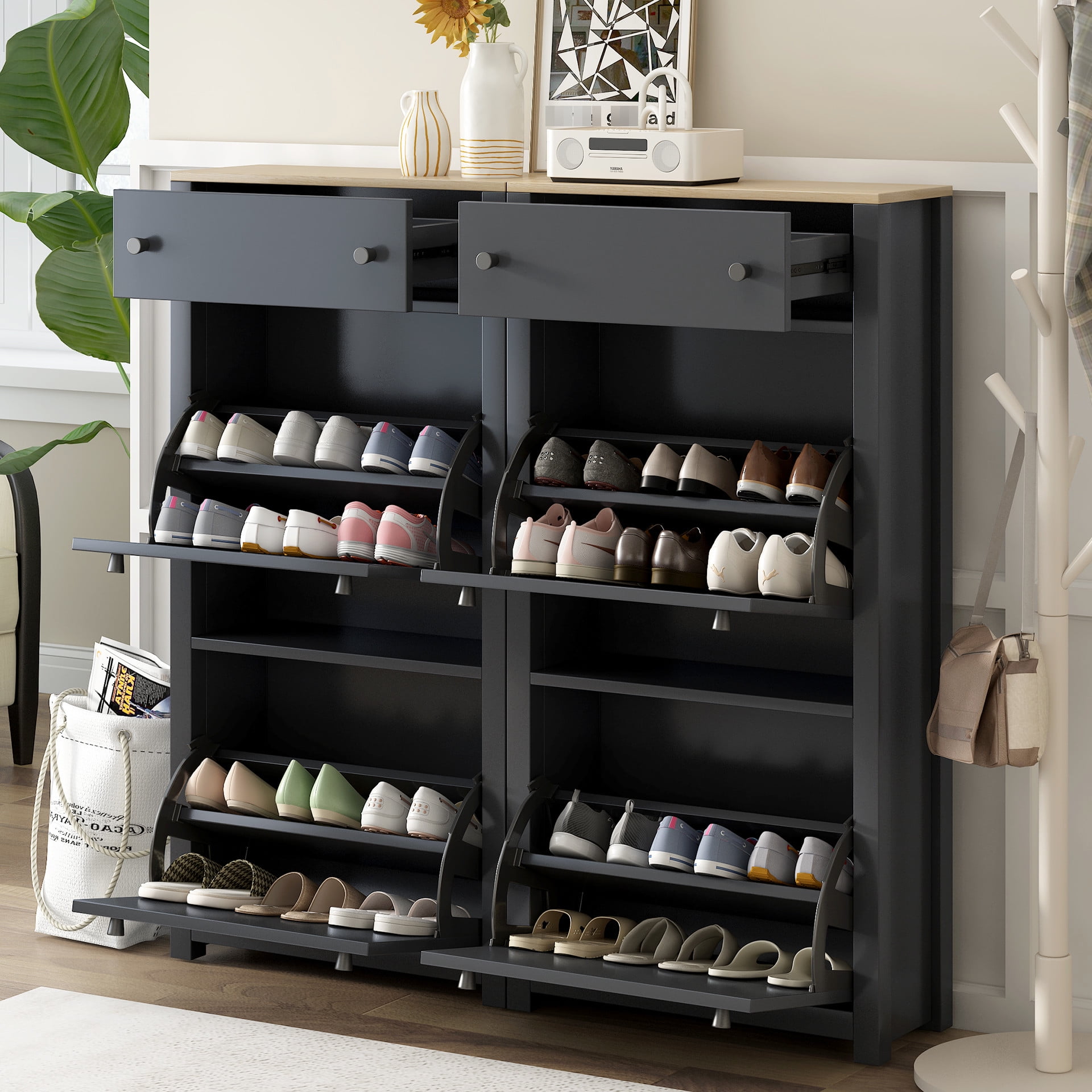 Shoe Cabinet For Hallway, Black, 4 Flip Drawers & 2 Drawers, Wood Grain ...