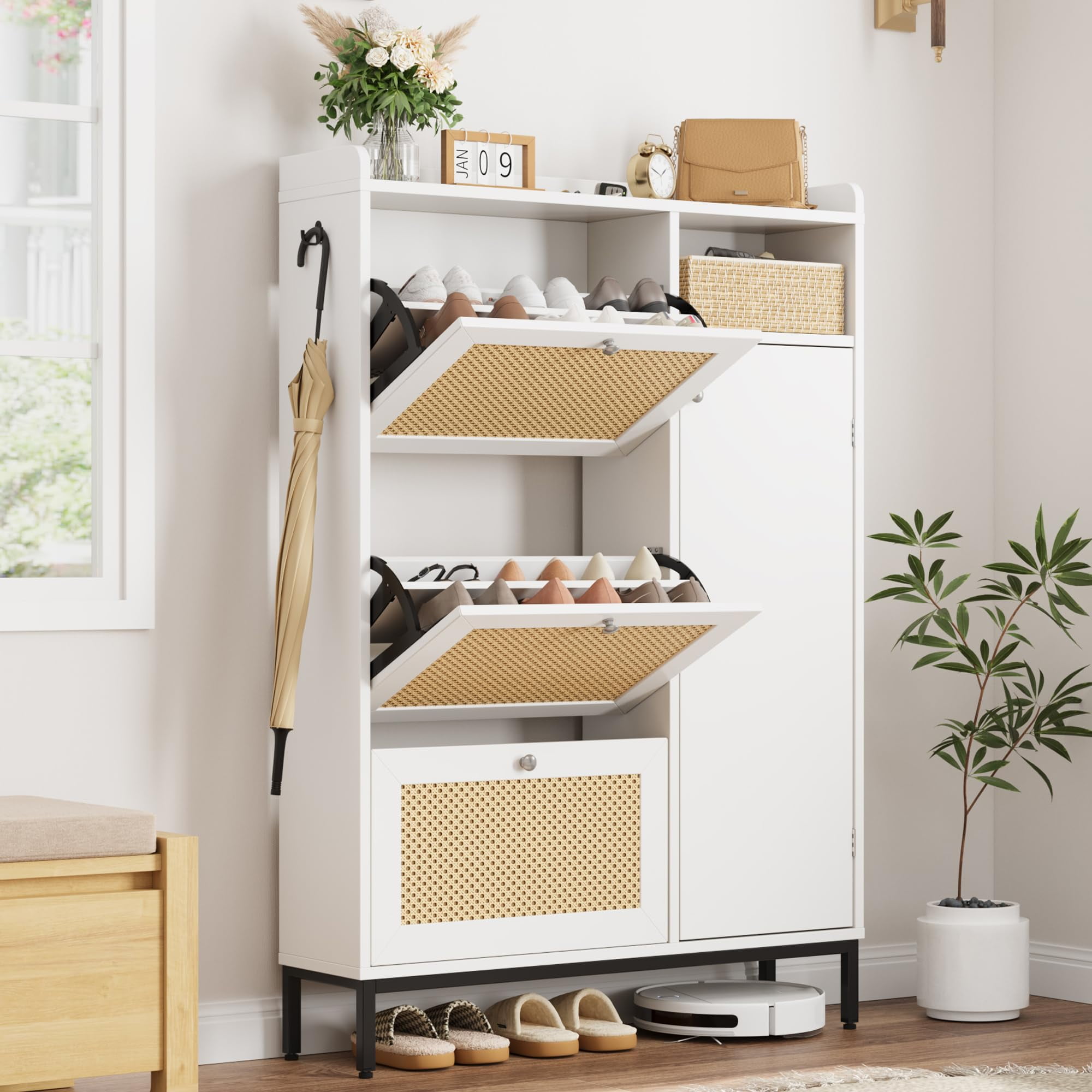 Shoe Cabinet, Hidden Rattan Shoe Storage Cabinet with 3 Flip-up Drawers ...