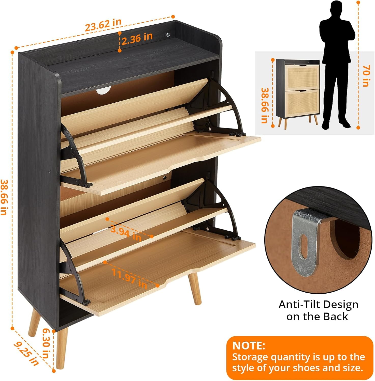 Shoe Cabinet - Hidden Shoe Storage with 2 Flip Rattan Flip-Drawer and ...