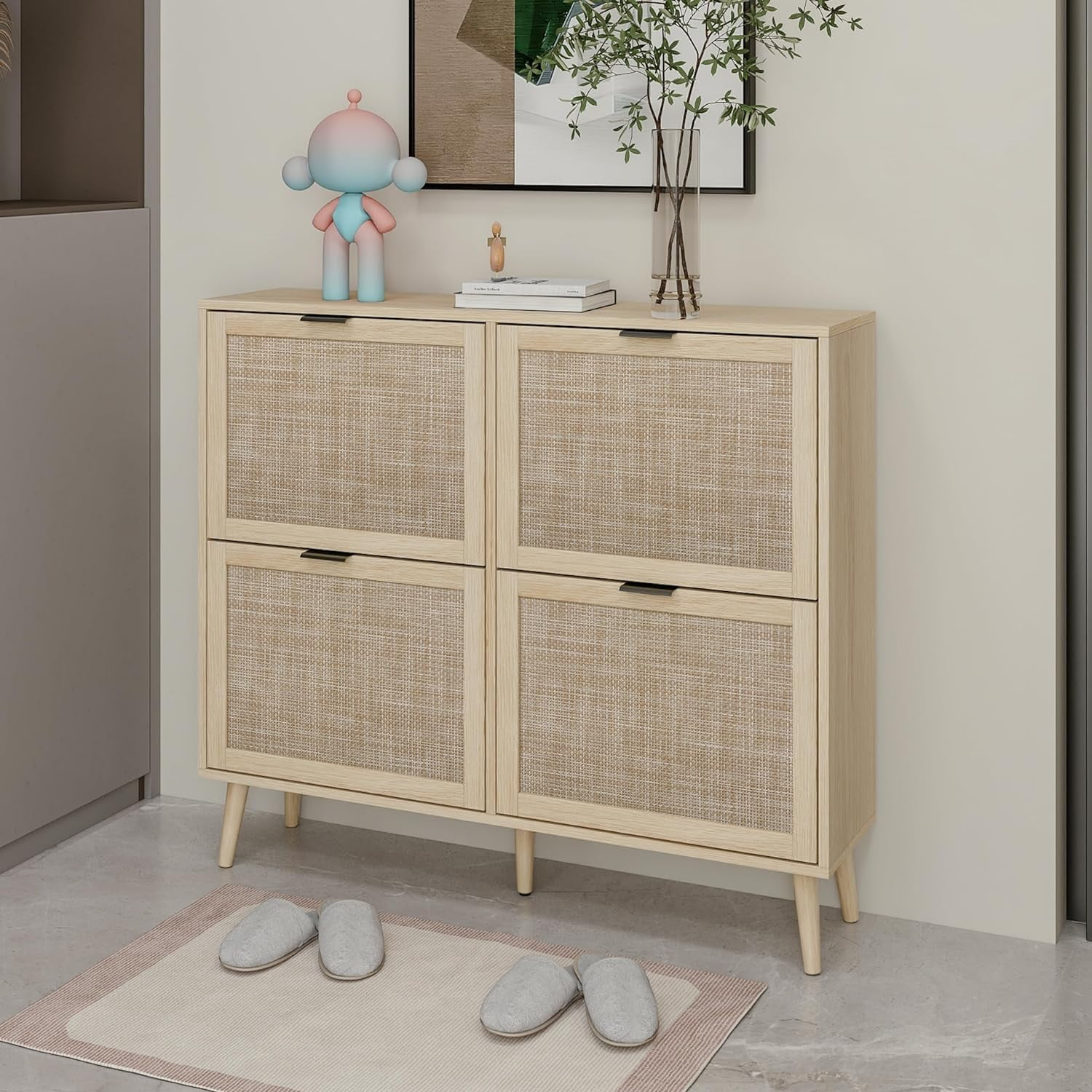 Shoe Cabinet Natural 4 Door Shoe Hidden Shoes Storage Cabinet Wood ...