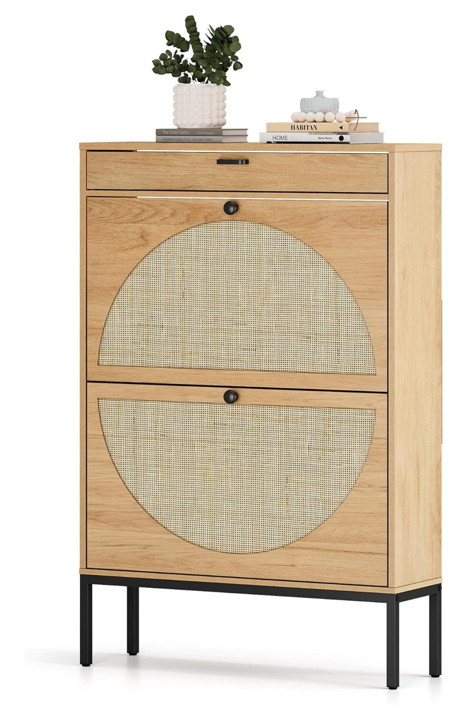 Shoe Cabinet, Natural Semi Circle Rattan Shoe Storage Organizer Cabinet ...