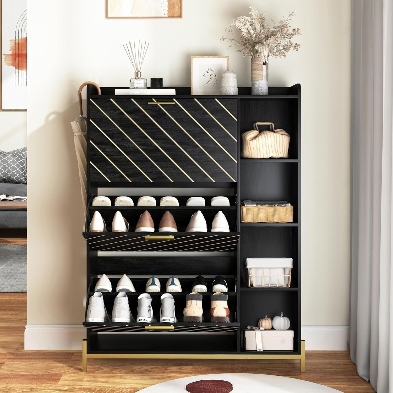 Shoe Cabinet Organizer with Open Shelves, Wooden Shoe Rack with 3 Flip ...