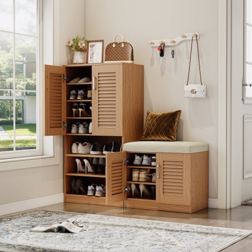 Shoe Cabinet with Padded Bench, Modern Entryway Shoe Storage Organizer ...