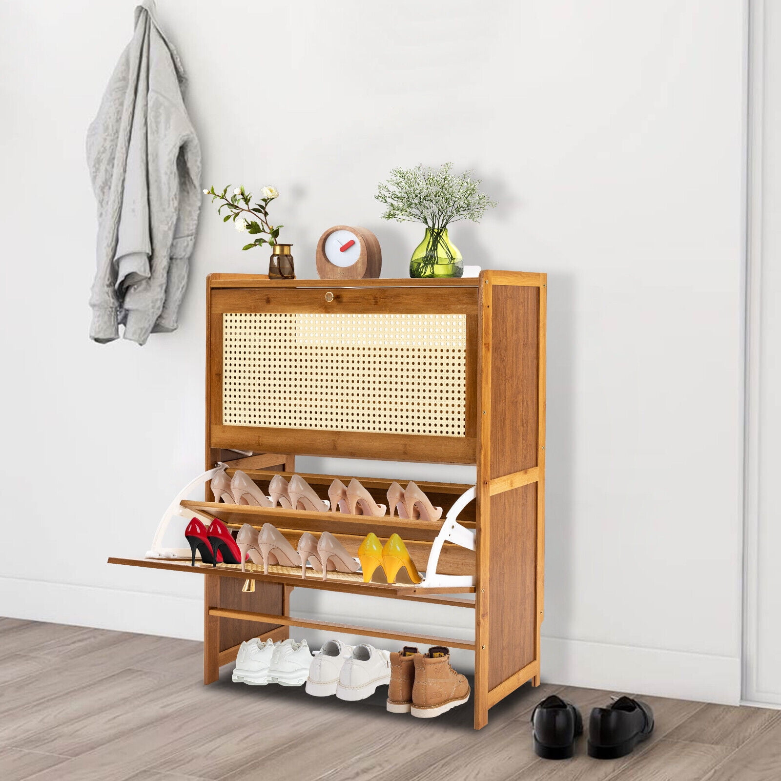 Shoe Cabinet Rattan Shoe Rack Shoe Storage Cupboard Organizer W/2 Fold ...