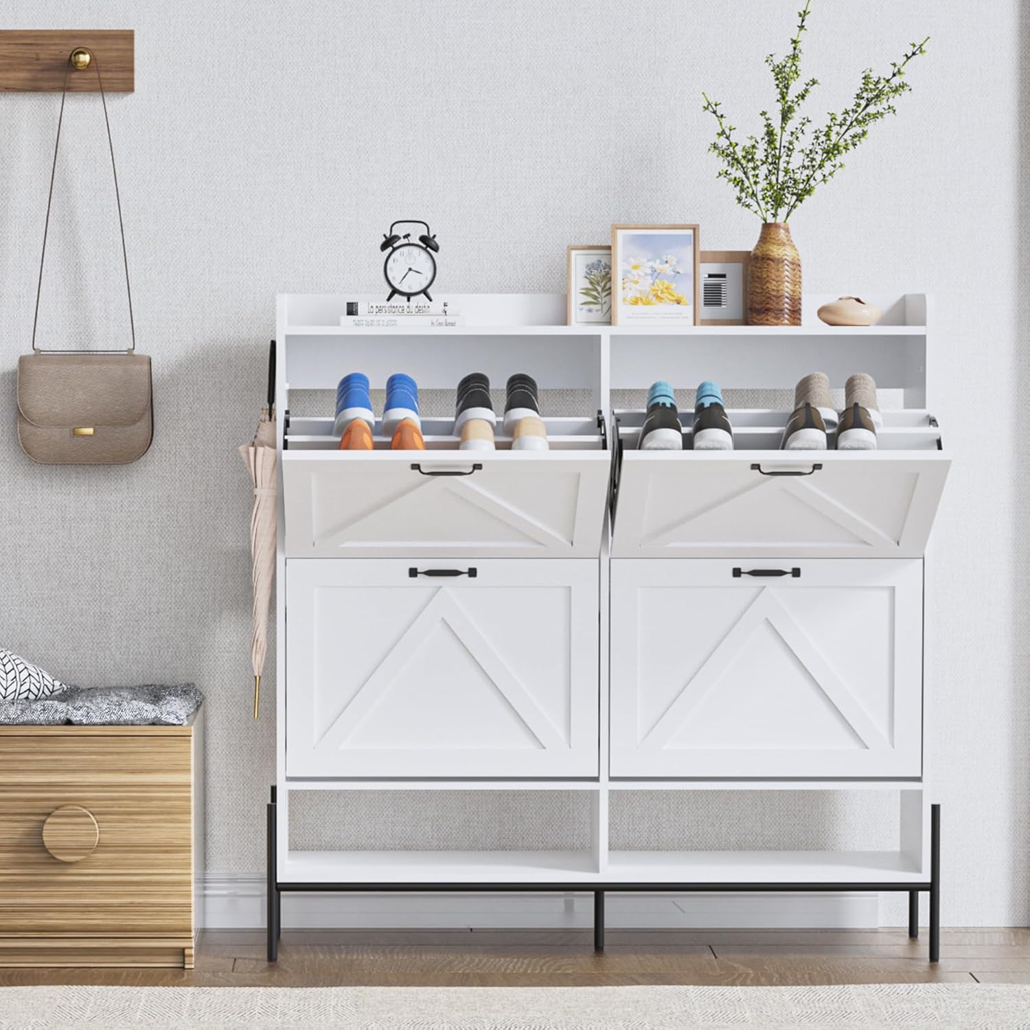 Shoe Cabinet, Shoe Storage Cabinet with 4 Flip Drawers, Large Capacity ...