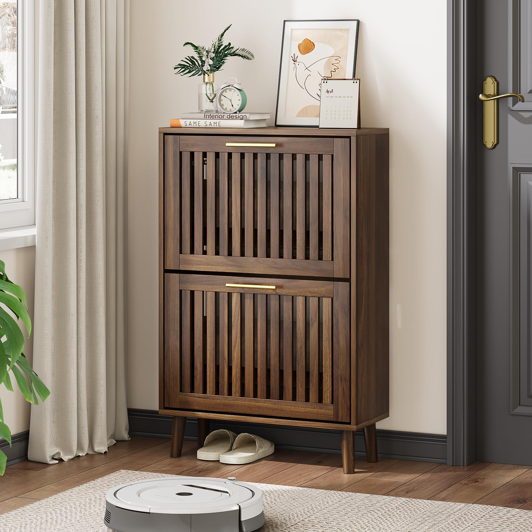 Shoe Cabinet, Shoe Storage Cabinet with Louvered 2 Flip Drawers, Narrow ...