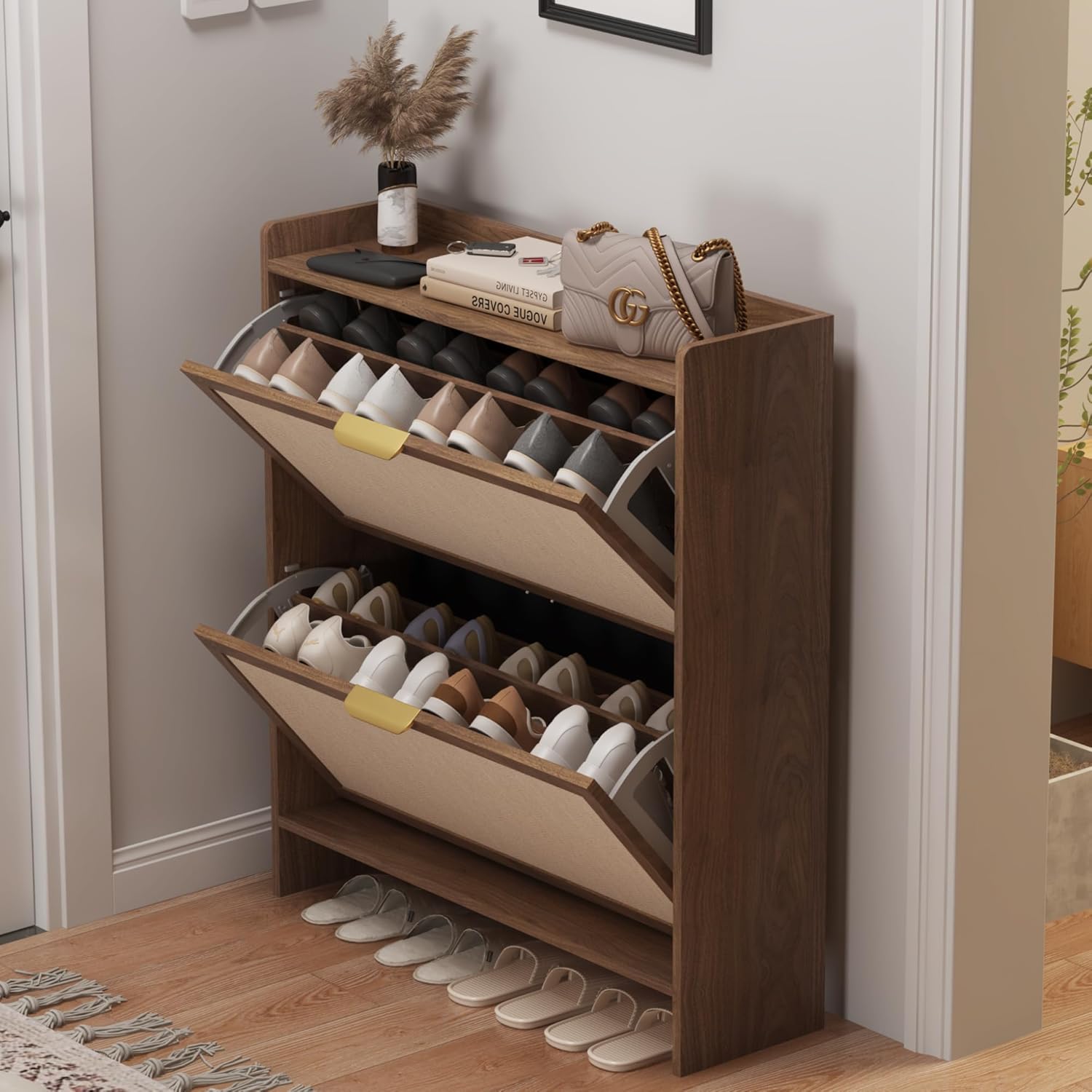 Shoe Cabinet, Shoe Storage Cabinet with 2 Flip Drawers and Handles ...