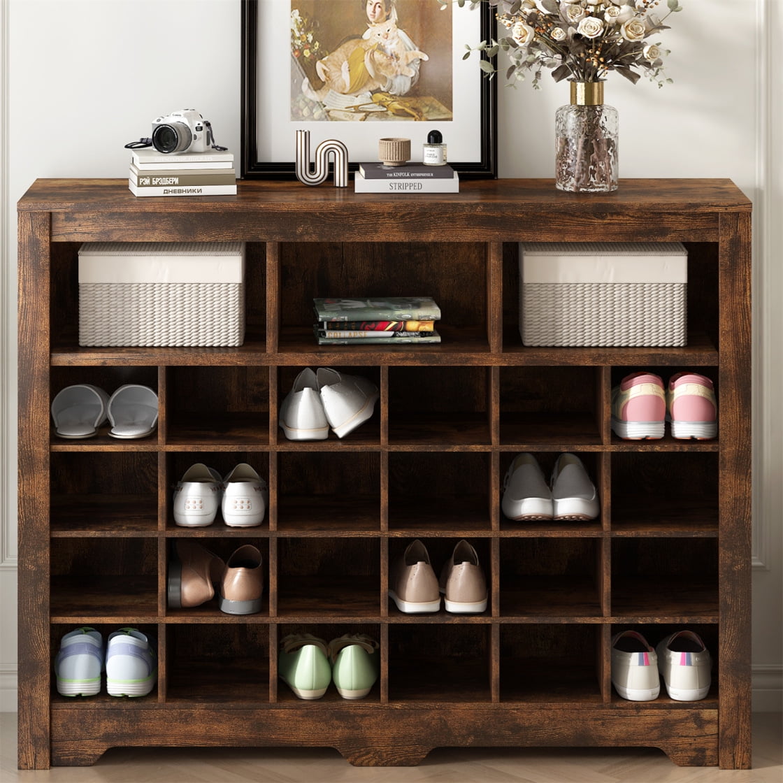 Shoe Cabinet, Shoes Cabinet 24 Shoe Cubby Console with Curved Base, ON ...