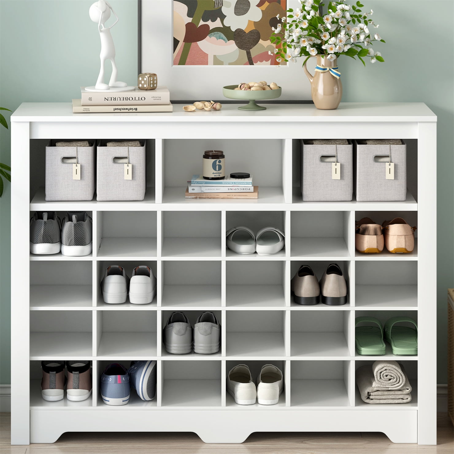 Shoe Cabinet, Shoes Cabinet 24 Shoe Cubby Console with Curved Base, ON ...