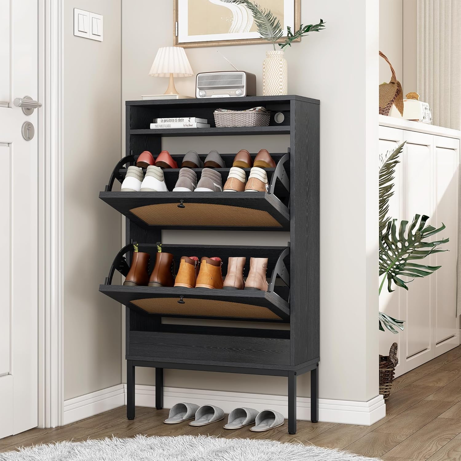 Shoe Cabinet, Slim Shoe Storage Cabinet with 2 Flip Drawers, Hidden ...
