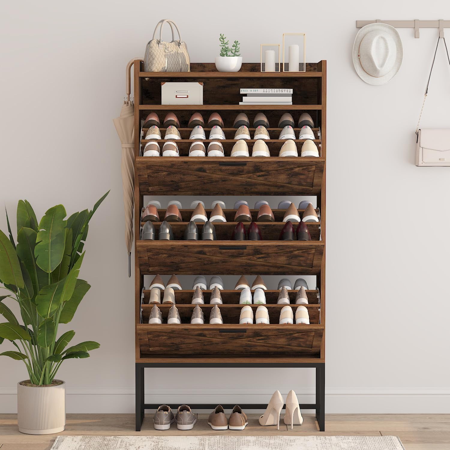 Shoe Cabinet Storage, 3 Layers Shoe Cabinet with 3 Flip Drawers, Metal ...