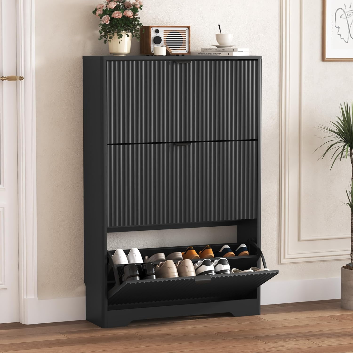 Shoe Cabinet Storage for Entryway with 3 Flip Drawers, Black Fluted ...