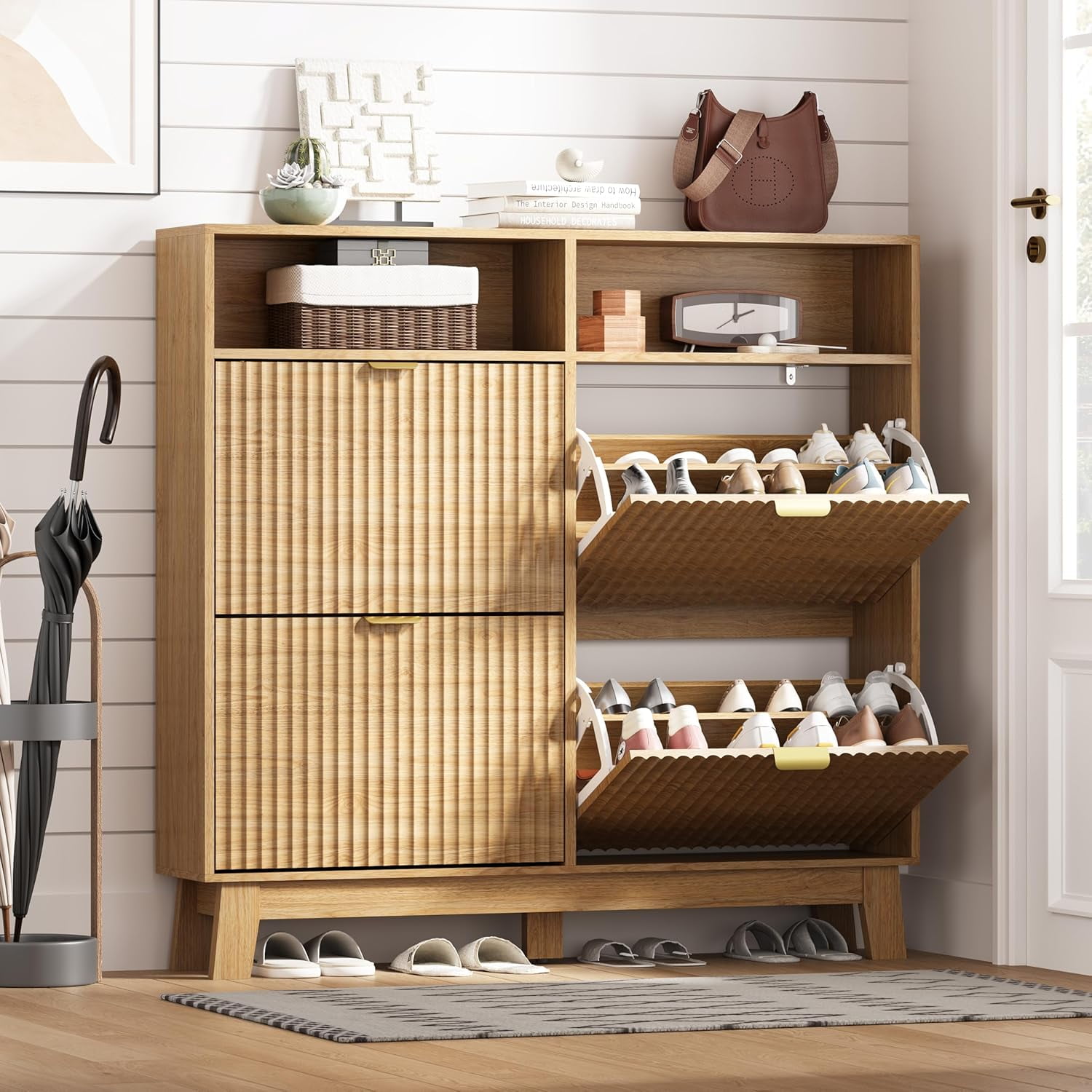Shoe Cabinet Storage for Entryway with 4 Flip Drawers, Fluted Narrow ...