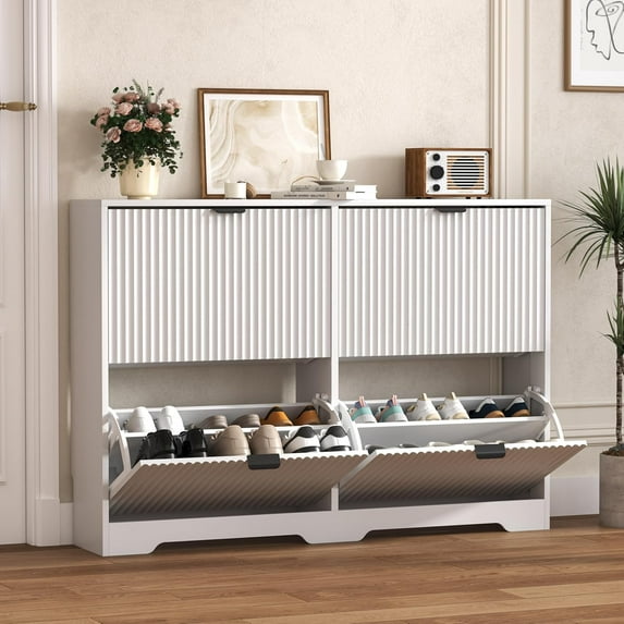 Shoe Cabinet Storage for Entryway with 4 Flip Drawers, White Fluted ...