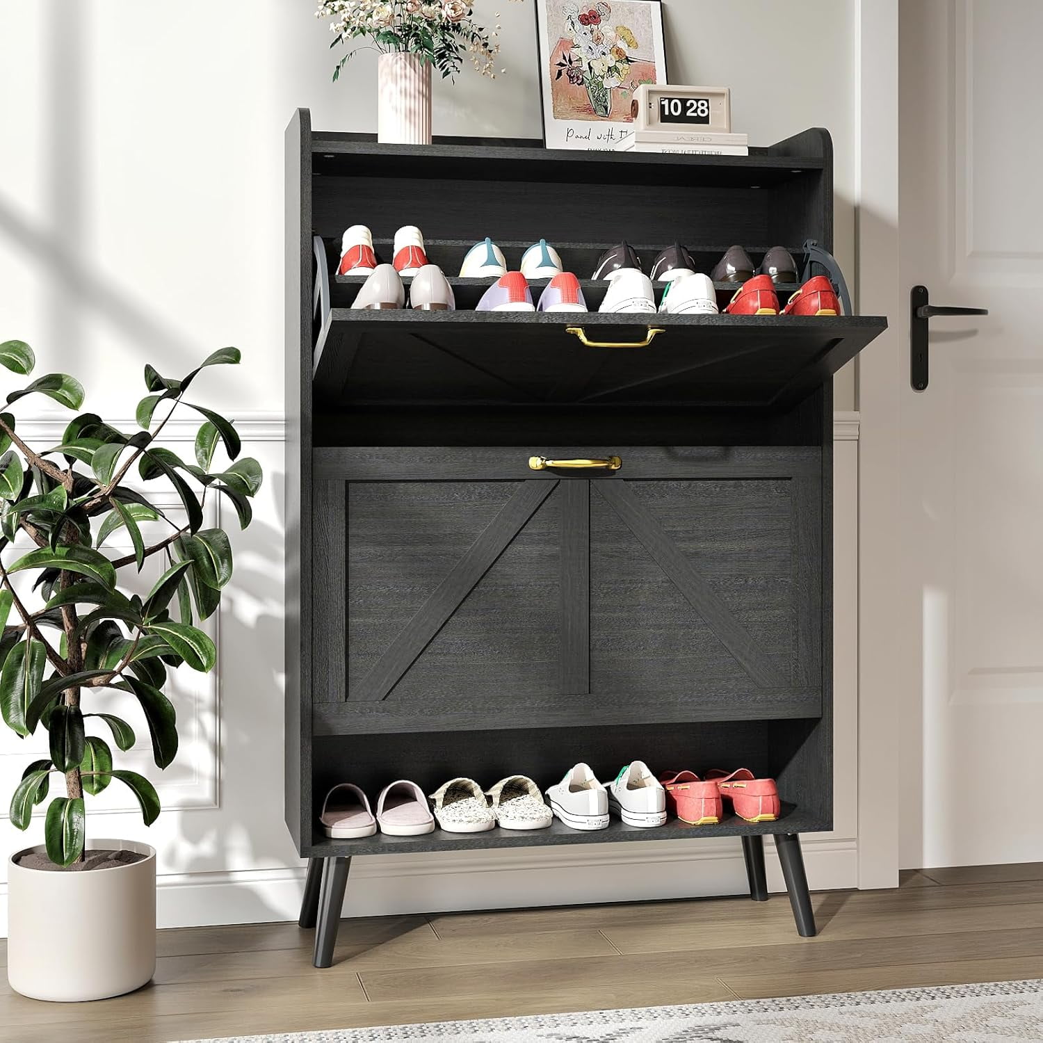 Shoe Cabinet Storage for Entryway Black Shoe Storage Cabinet with 2 ...