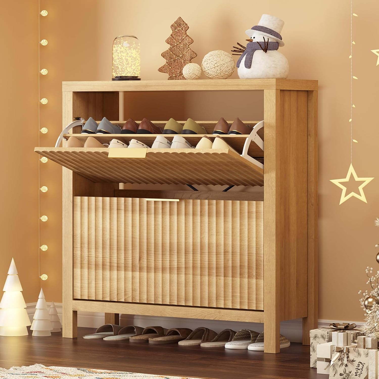 Shoe Cabinet Storage for Entryway, Fluted Shoe Cabinet with 2 Flip ...