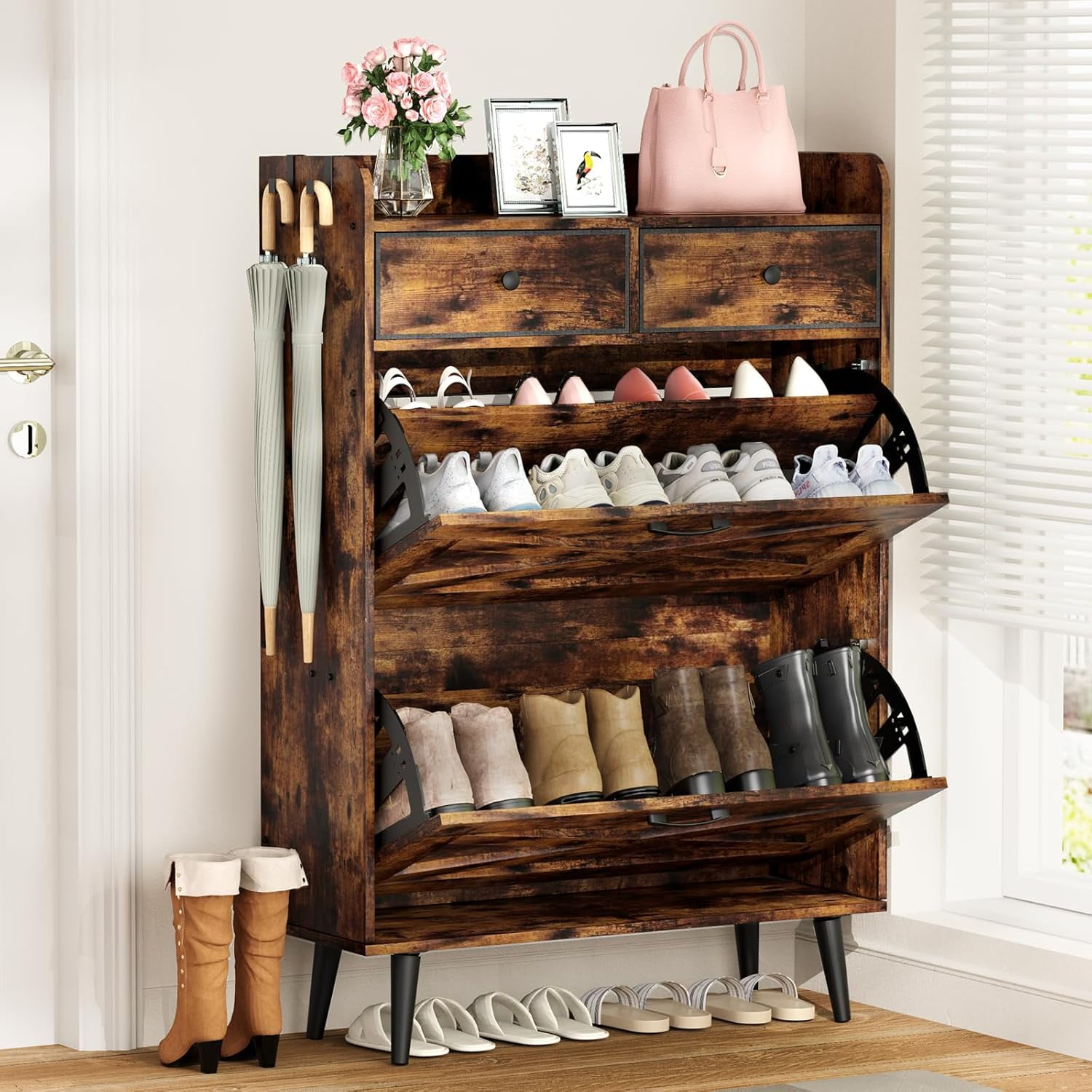 Shoe Cabinet Storage for Entryway, Narrow Shoe Organizer Cabinet with 2 ...