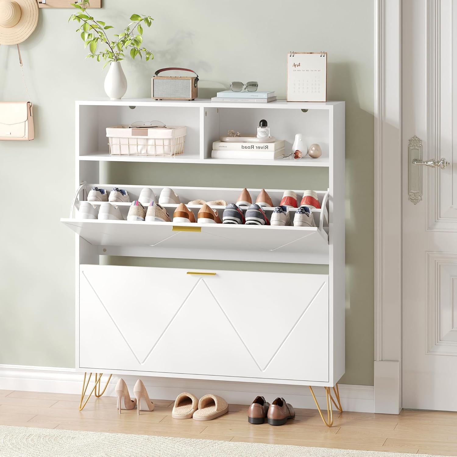 Shoe Cabinet Storage for Entryway, White Shoe Organizer with 2 Flip ...