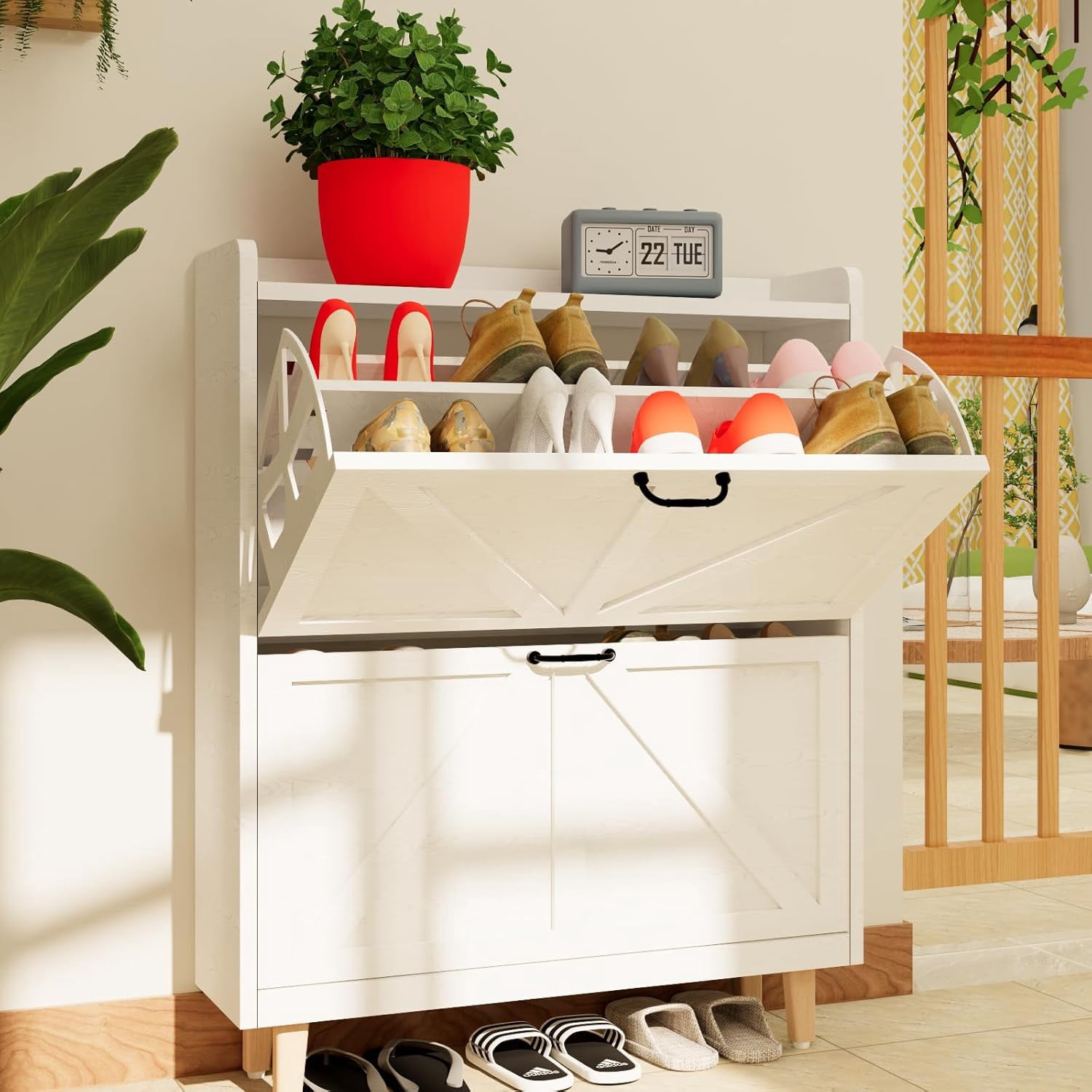 Shoe Cabinet Storage,Farmhouse Freestanding Organizer with 2 Flip ...