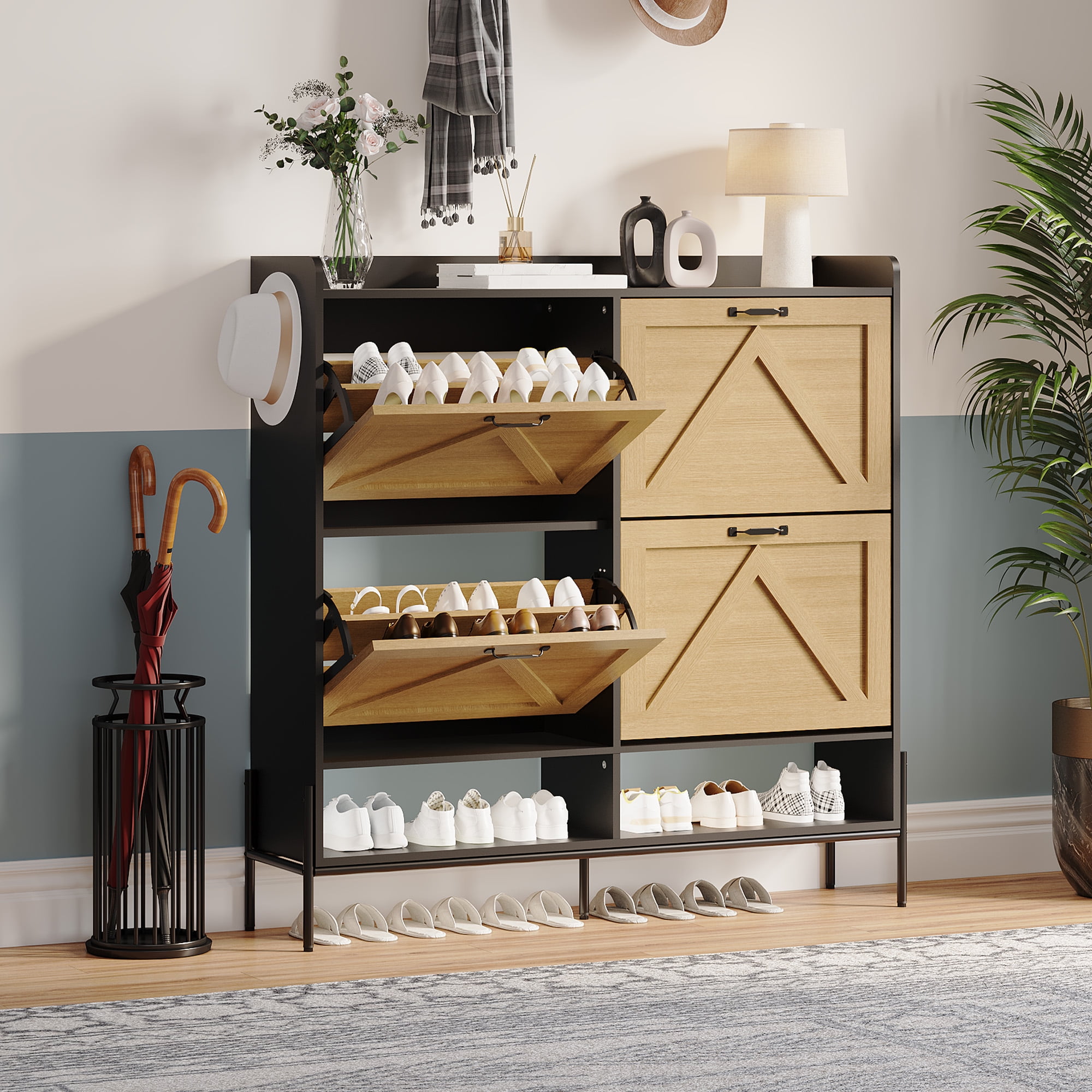 Shoe Cabinet Storage, Hidden Freestanding Shoe Rack with 4 Flip Drawers ...