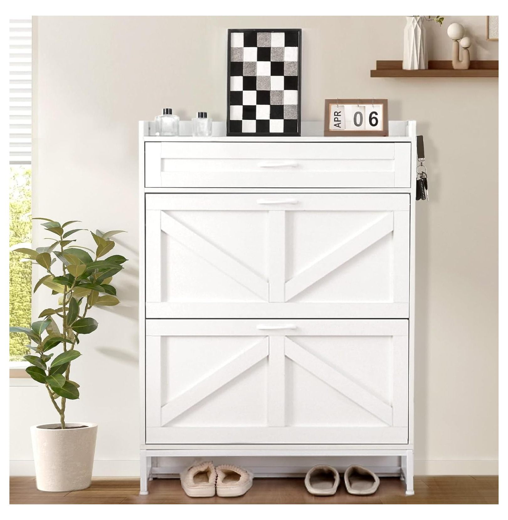 Shoe Cabinet Storage, Shoe Organizer with 2 Drawers & Drawer, Standalone Farmhouse Shoe Rack ...