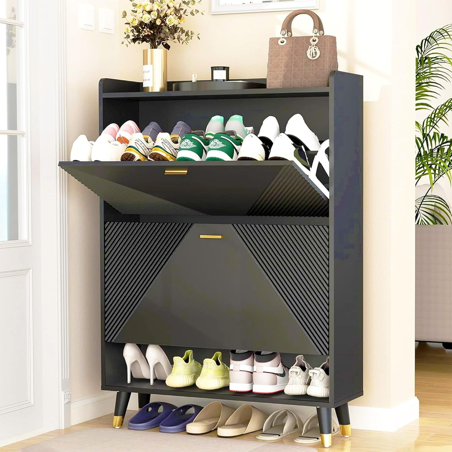 Shoe Cabinet Storage for Entryway Slim: 33" Black Closed Shoe Rack ...