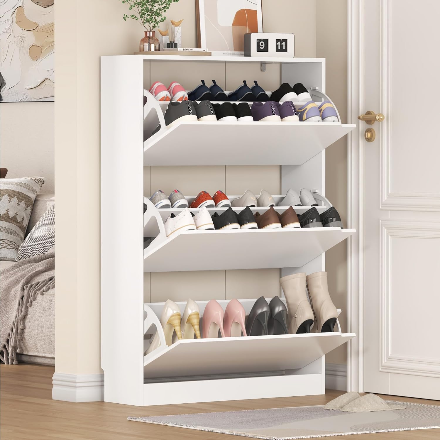 Shoe Cabinet Storage with 3 Flip Drawers Hidden Slim White Shoe Storage ...