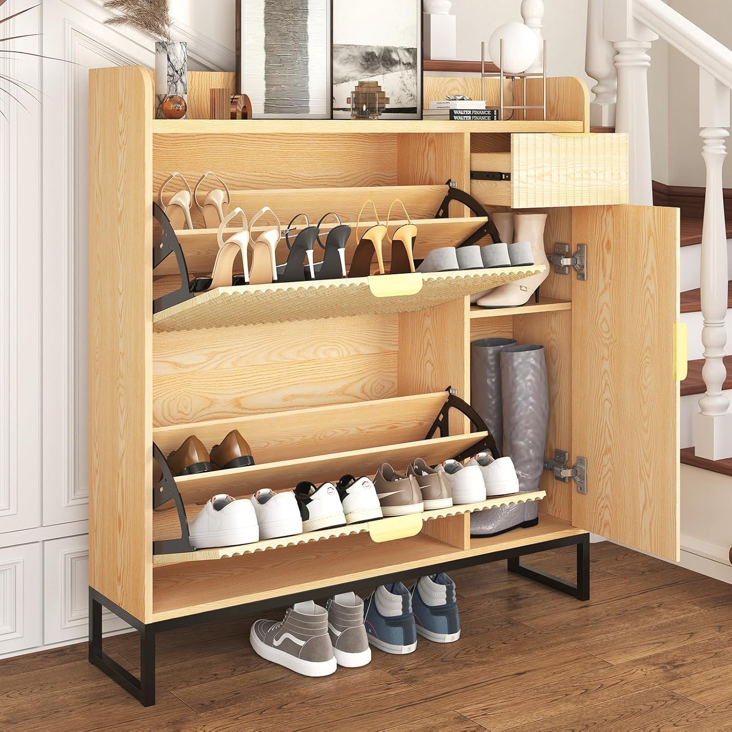 Shoe Cabinet, Thin Shoe Storage Cabinet with 2 Flip Drawers & Side ...