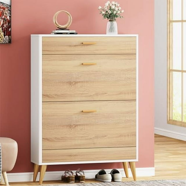 Shoe Cabinet White Shoe Cabinet with 2 Flip Doors and Drawer Narrow ...