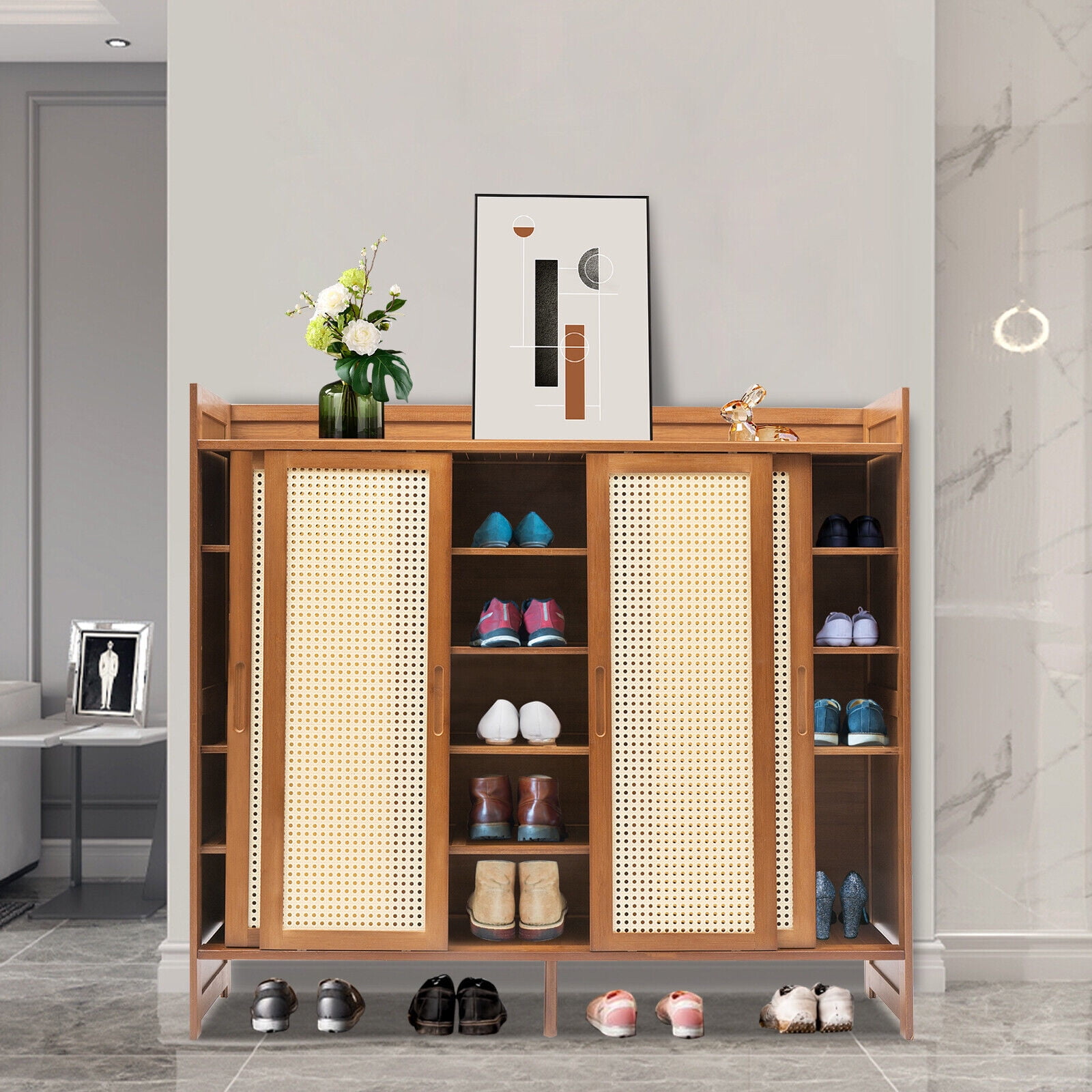 Shoe Cabinet With Two-way Sliding Doors 6 Tier Bamboo Free Standing ...