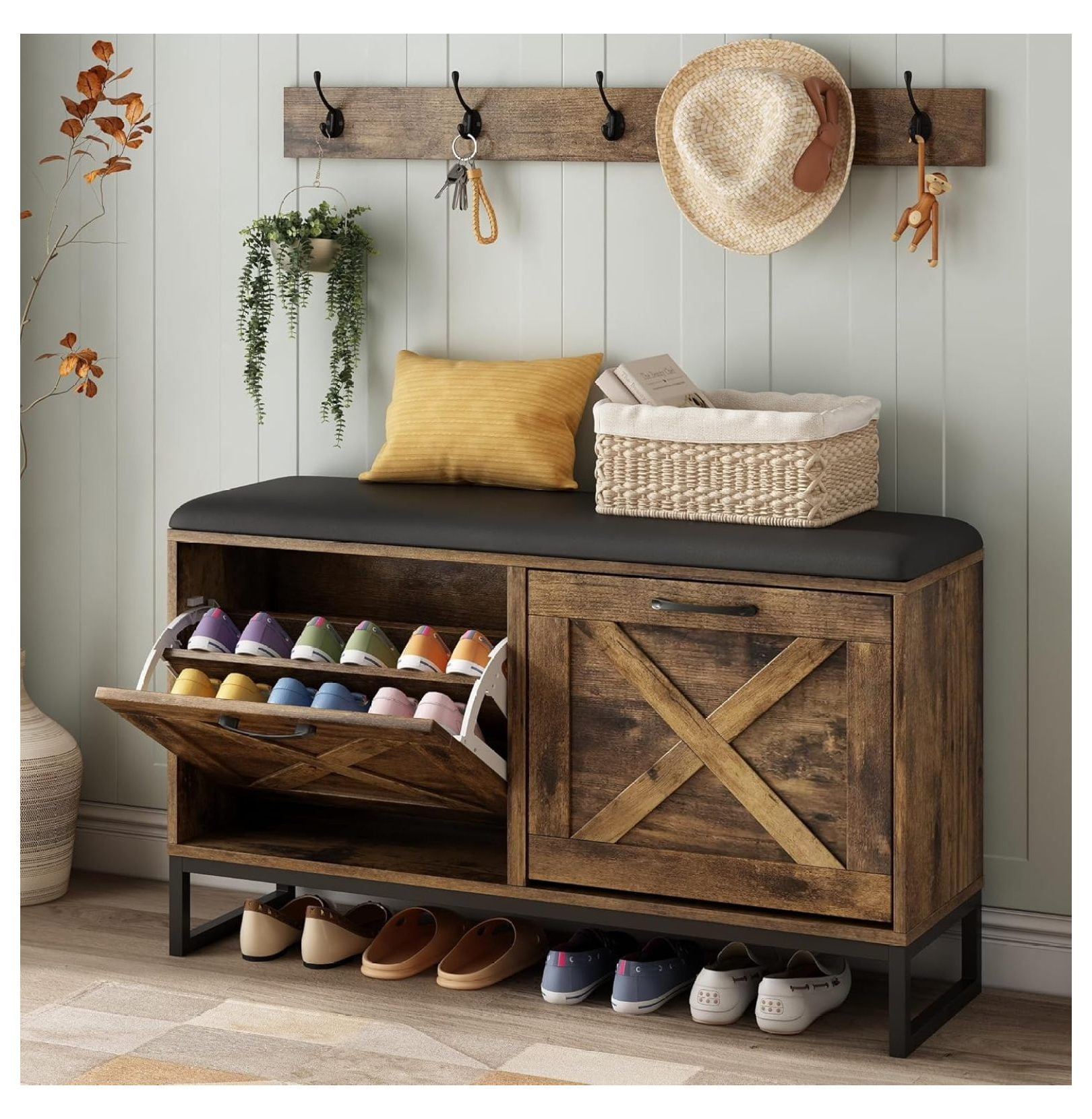 Shoe Cabinet with 2 Drawers & Coat Rack, Shoe Storage with Seat Cushion ...