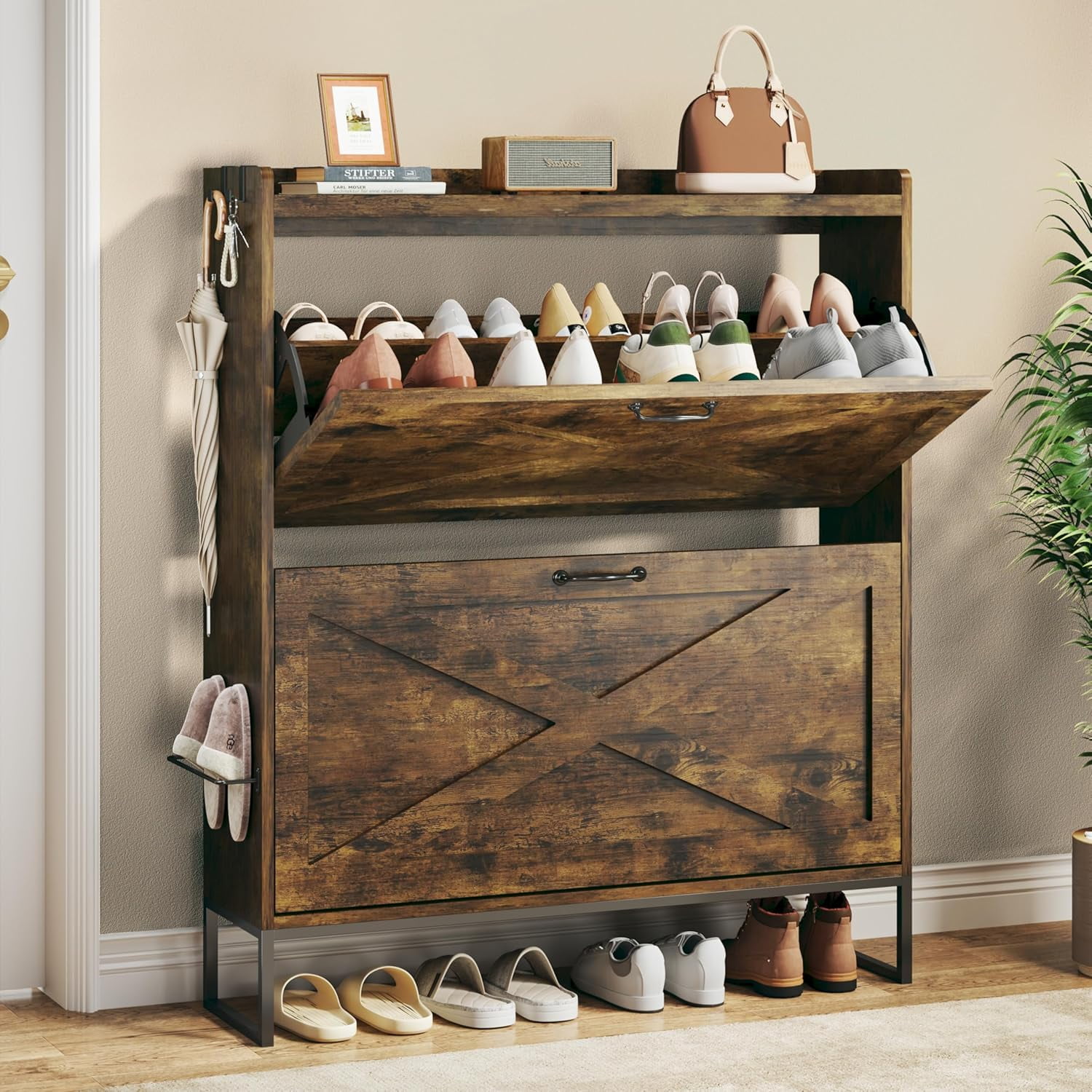 Shoe Cabinet with 2 Flip Drawers - Adjustable Shelves, Freestanding ...